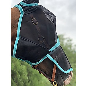 TGW RIDING Horse Mask Full Face Mesh Mask Fine Mesh with Ears and Long Nose (Cob, Black/Turquoise)