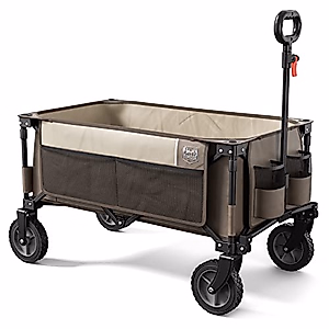 TIMBER RIDGE Folding Utility Wagon, Heavy Duty Foldable Garden Cart with Side Pocket and Cup Holders, Collapsible Wagon Cart for Garden, Sports, Shopping and Camping, Tan
