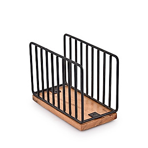EDHAS Black Iron Wire Tabletop Upright Napkin Holder with Mango Wood Base for Kitchen Dinner Table, Countertop (6" x 3" x 4.5")