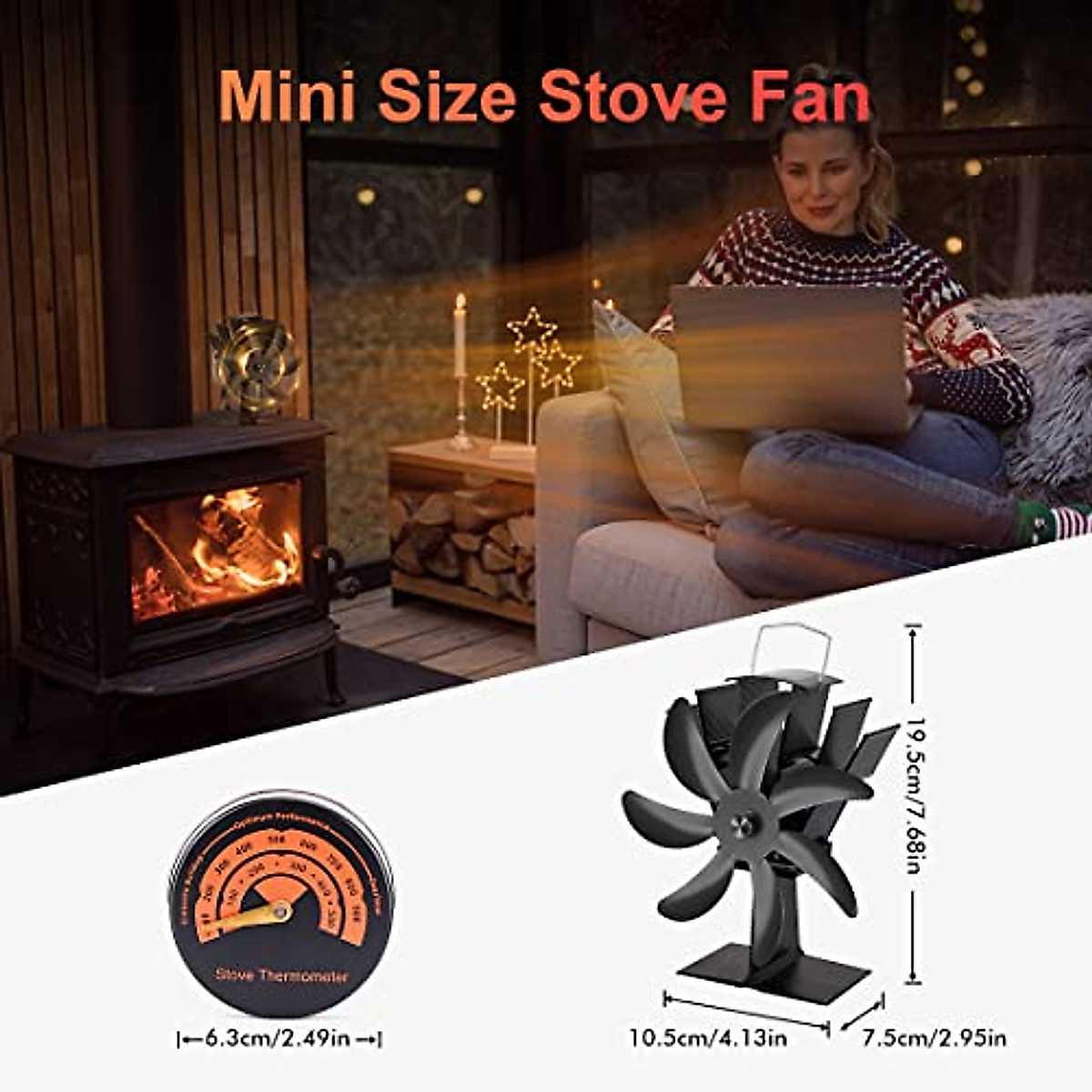 LAMA Heat Powered Stove Fan, 7 Blades Fireplace Fan with Designed Silent Operation, Upgrade Designed Motors Non-Electric Stove Fan for Wood Burning Stove/Pellet/Log Burner (Include Thermometer)