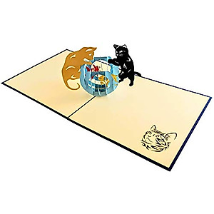 iGifts And Cards Two Cute Cats With Fish Bowl 3D Pop Up Greeting Card - Playful, Furry, Lovable, Pussycat, Active, Meow, Kittens Half-Fold, Happy Birthday, Just Because, Thinking of You, Friendship
