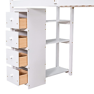 BIADNBZ Wood Loft Bed Twin Size with Desk and Stairs Storage, Wooden Loftbed with 4 Drawers and 3-Tier Shelves, for Kids Teens Bedroom, Stairway High Bedframe, White