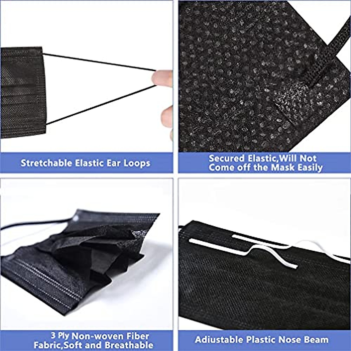 Face Masks Black Disposable 100PCS for Men & Women Adults Breathable Face Mask