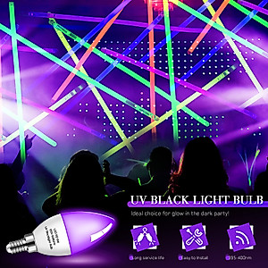 Qualirey 4 Pieces LED Black Light Bulb 6w E12 Base Blacklight Candle Bulb Glow in The Dark Party Level 395-400 Nm Halloween Black Lights for Home Stage DJ Disco, Body Paint, Neon Fluorescent Poster