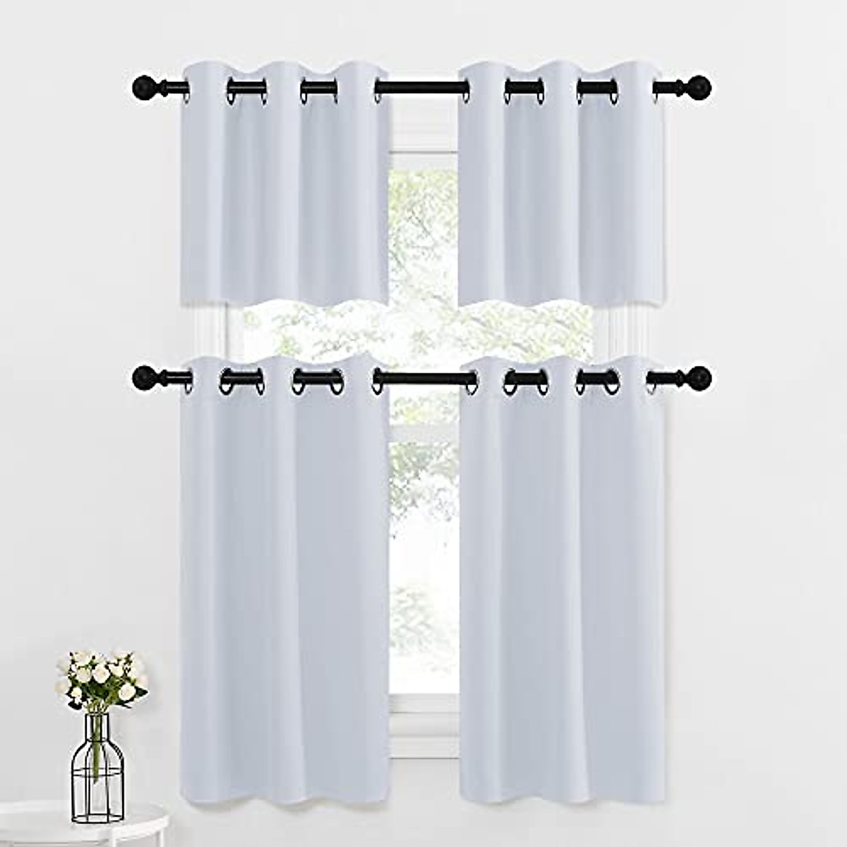 NICETOWN Greyish White Room Darkening Valances - Energy Efficient Kitchen Grommet-Top Kitchen Curtain Panels for Short Windows (2-Pack, W42 x L18 + 1.2 inches Header, Platinum-Greyish White)