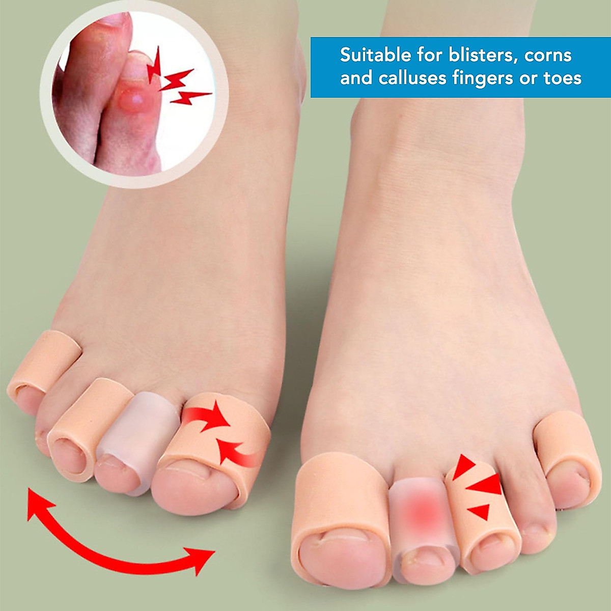 4 Pairs Reusable Toe Sleeves Cushioned Elastic Toe Pad Protectors for Blisters Fingers, Soft Resilient, Secure Wrapped, Skin Friendly, Adjustable Sizing