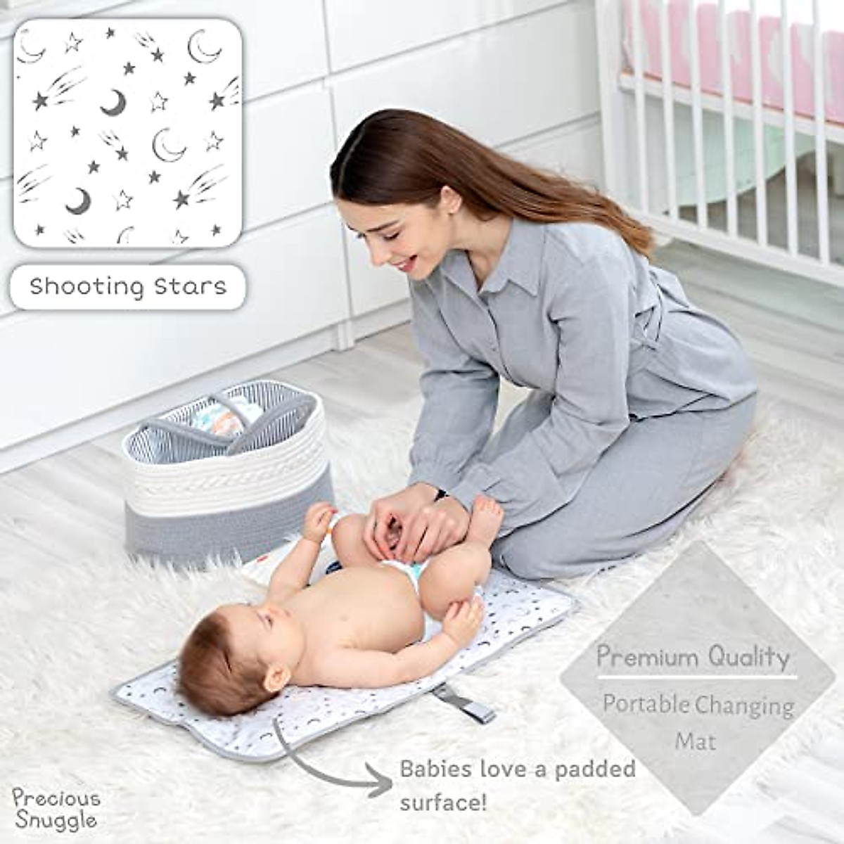 Precious Snuggle Portable Diaper Changing Pad | Waterproof Foldable Baby Changing Mat - Unisex Lightweight Changing Pad - Large Surface - Small & Compact | Double Wipeable Sides (Shooting Stars)