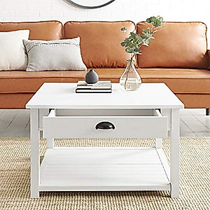 Walker Edison Modern Country Square Coffee Table Living Room Accent Ottoman Storage Shelf, 30 Inch, Brushed White