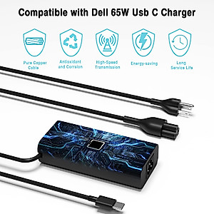 65W 45W USB C Charger Replacement for Dell Latitude 5520 5420 5320 7420 7410 7430 7320 5430 5290 Chromebook 3100 5190 2in1 XPS 13 9350 9380 9360 DA65NM190 LA65NM190 Type C AC Adapter Power Cord
