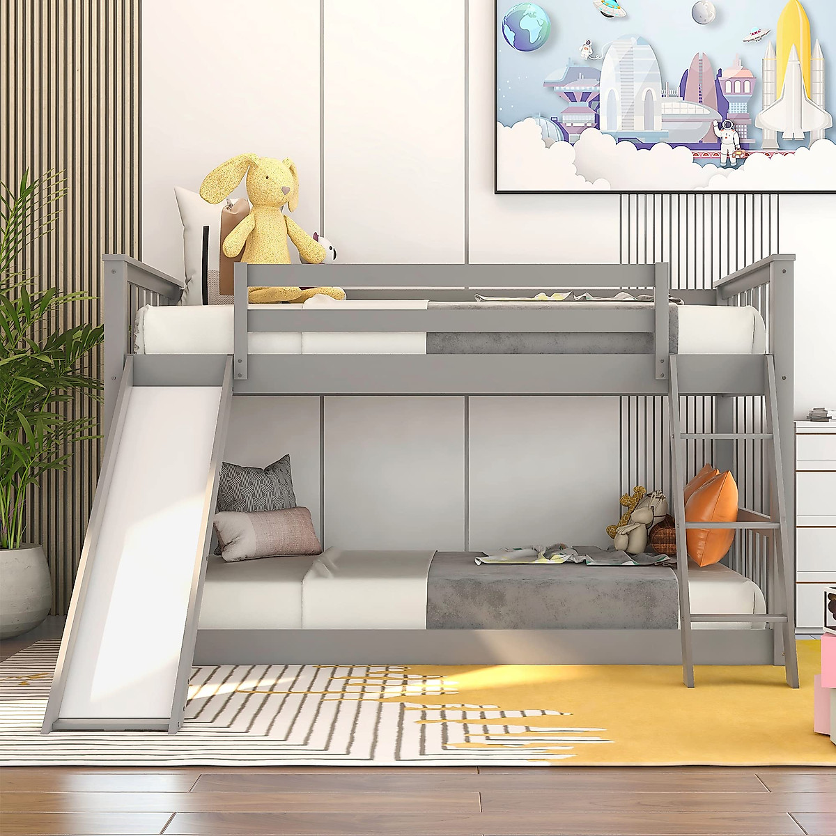 Harper & Bright Designs Bunk Bed Twin Over Twin,Wooden Twin Bunk Bed with Slide & Angled Ladder, Low Profile Toddler Bunk Beds for Kids, Floor Bunk Beds for Girls Boys,Grey