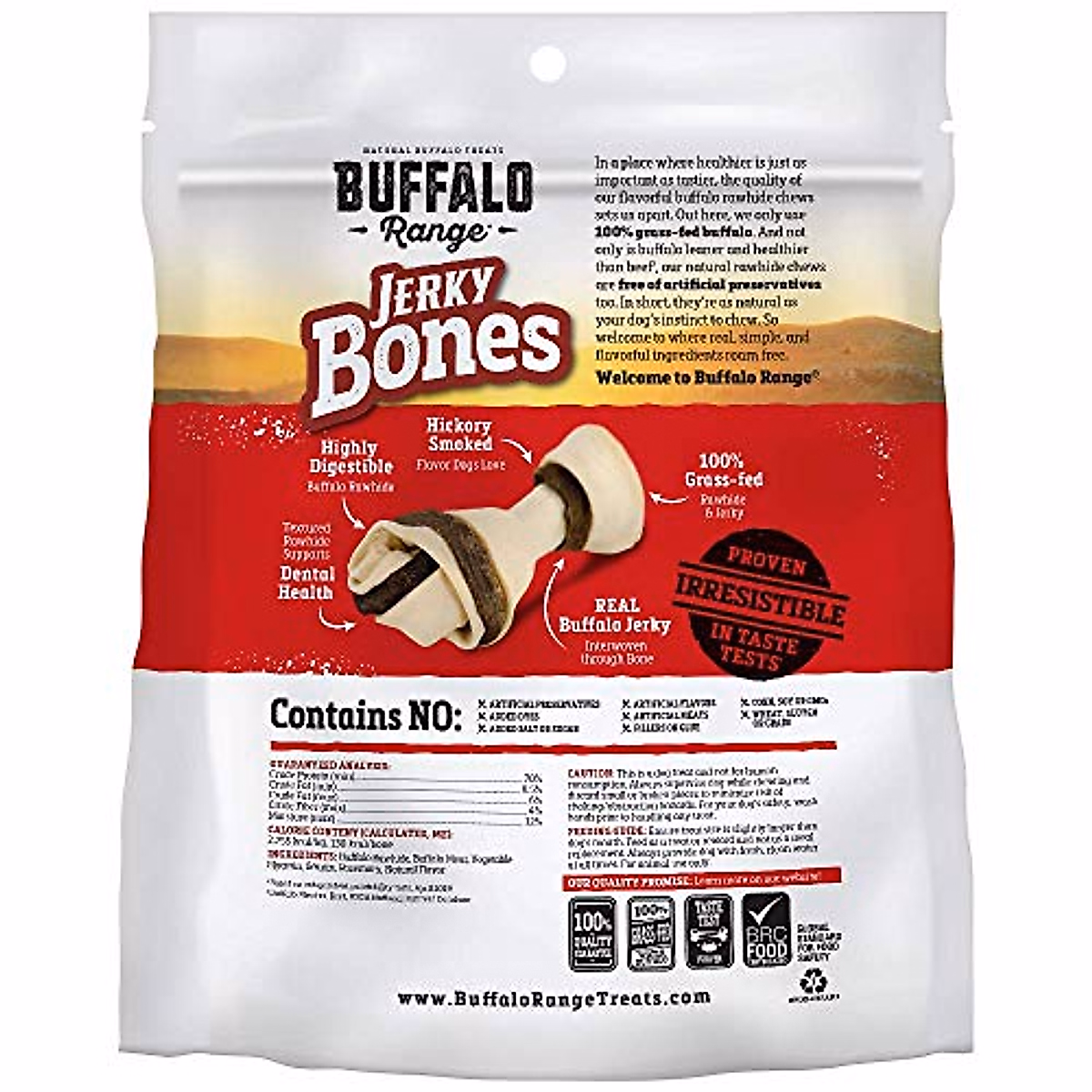 Buffalo Range Rawhide Dog Treats | Healthy, Grass-Fed Buffalo Jerky Raw Hide Chews | Hickory Smoked Flavor | Jerky Bone, 6 Count