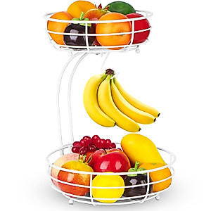 Auledio 2-Tier Fruit Vegetables Basket Bowl Storage With Banana Hanger,Pure White