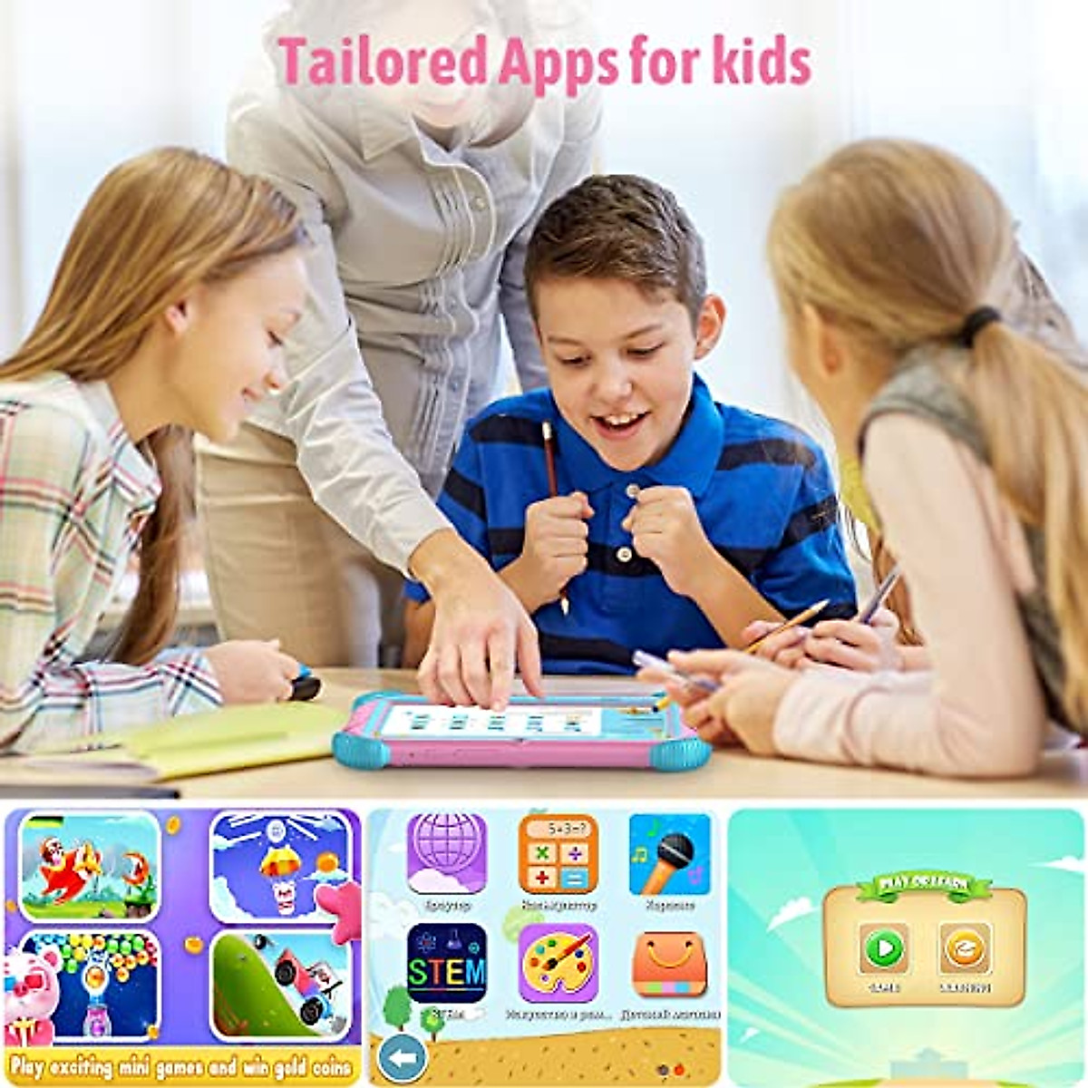 Kids Tablet, 7 Inch Tablet for Kids, Parental Control Educational Tablet, 2+32GB Android 11.0, IPS Screen, Kids Content Pre-installed, with Bluetooth WiFi, Kid-Proof Case, YouTube Netflix Hulu (Pink)