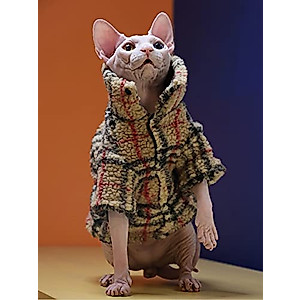 Sphynx Hairless Cat Clothes Winter Thick Warm Plaid Printing High Collar Button Coat for Cats Soft Faux Fur Pet Clothes with Sleeves (Vintage Plaid, M(4.4-5.5lbs))