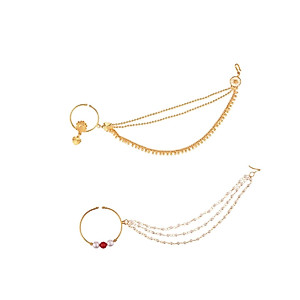 Efulgenz Indian Jewelry Faux Pearl Nose Ring Hoop Pin Stud Fake Septum Ring with Chain Nose to Ear Chain Non Piercing Body Jewelry, Metal, not known