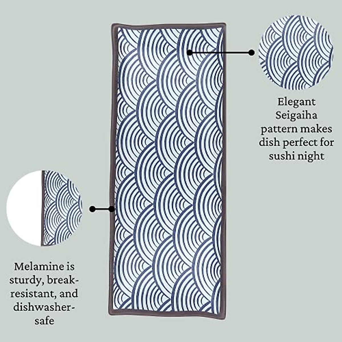 White and Blue Seigaiha Patterned Melamine Rectangular Serving Platter, Sushi Plate and H'orderve Trays Dinnerware for Parties, 10.75 x 4.25 Inches