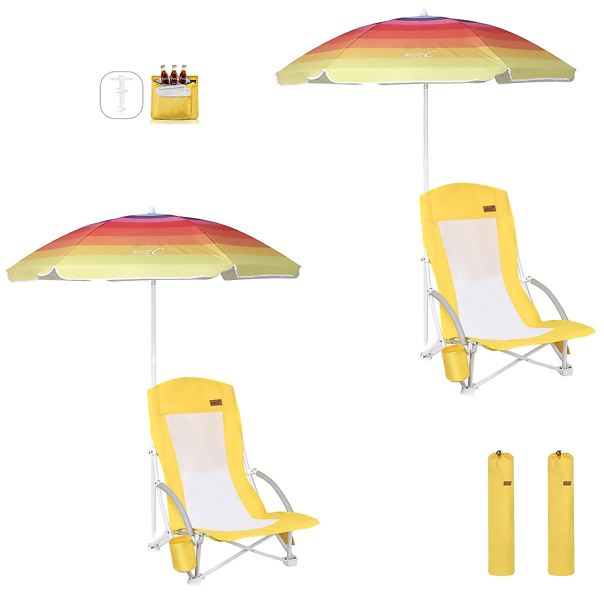 Nice C Beach Chair, Beach Chairs for Adults with Umbrella and Cooler, High Back, Cup Holder & Carry Bag & Heavy Duty Compact Outdoor, Camping (Set of Yellow)