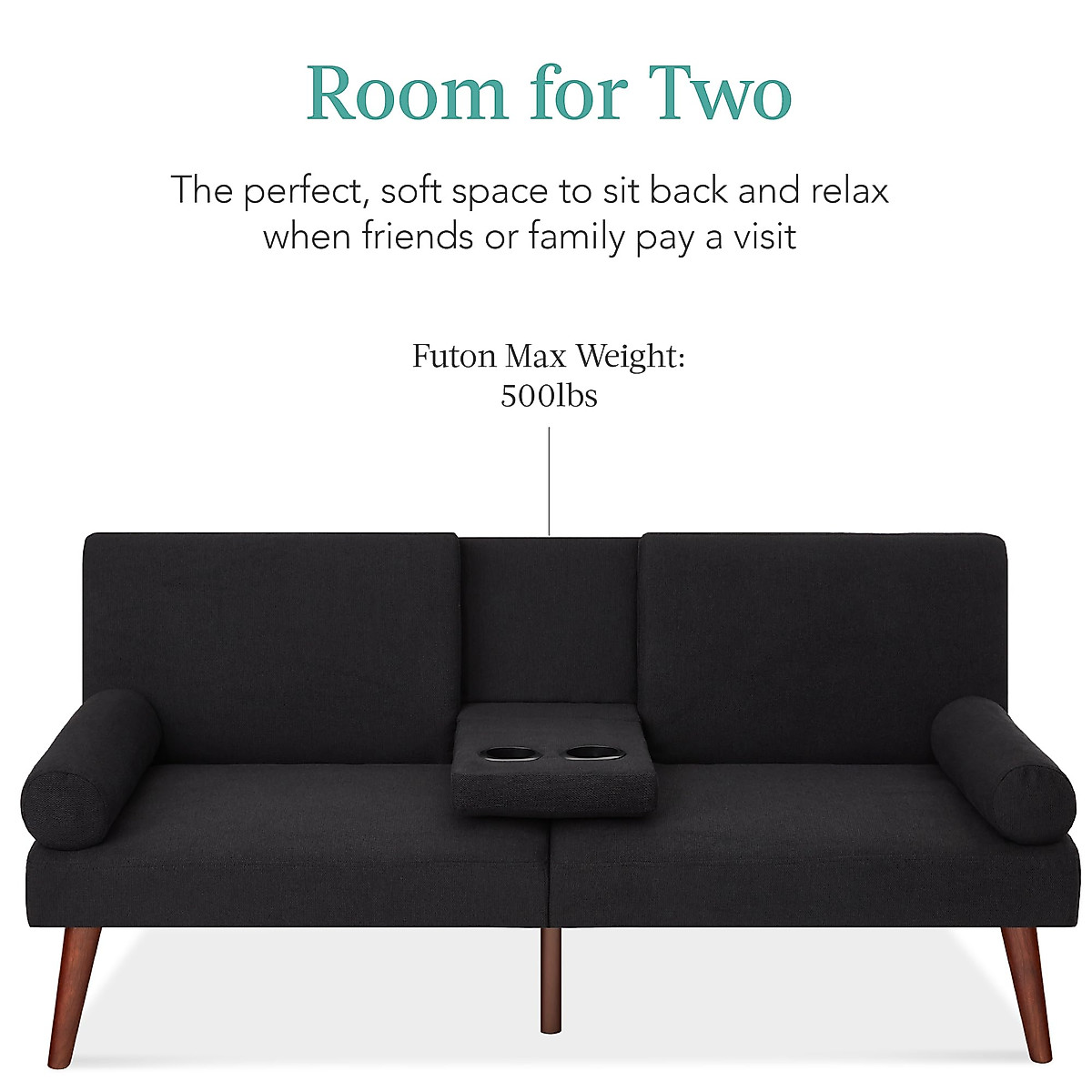 Best Choice Products Mid-Century Modern Upholstered Futon, Convertible Folding Sofa Bed, Small Couch w/Rounded Armrests, 2 Cupholders - Black