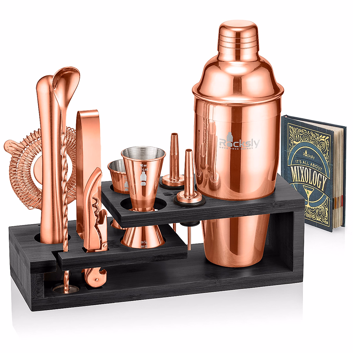 ROCKSLY MIXOLOGY BAR Set Premium Bartender Kit, Rectangular Tool Stand, Cocktail Shaker Strainer, Jiggers, Spoon, Tongs, Muddler, Pourers, Opener 10 Pc