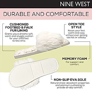 NINE WEST Women's Open Toe Fuzzy Slippers Cozy Sherpa Memory Foam Sole House Slides, Ivory, Medium, Size 7-8
