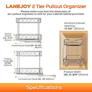 LANEJOY 2 Tier Pull Out Shelf(12 1/8" W x 16 3/8" D), Stainless Steel Slide Out Cabinet Organizer, Heavy Duty Under Sink Organization Storage for Kitchen Base Cabinet Organization
