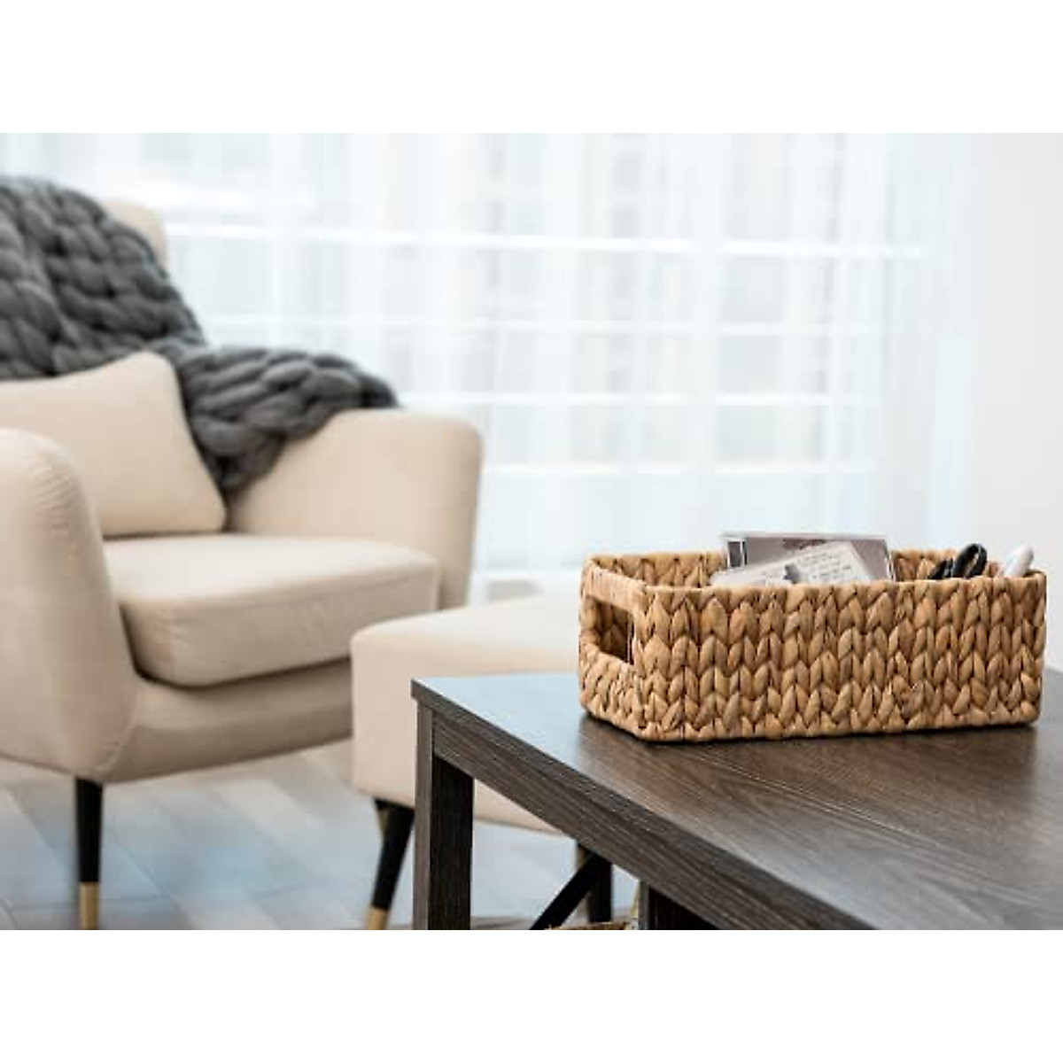 StorageWorks 5-Pack Water Hyacinth Storage Baskets, Square Wicker Baskets with Built-in Handles