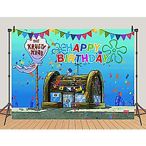 Cartoon Animation Spongebob Theme Photography Backdrop Children Happy 1st Birthday Party Decorations Banner The Krusty Krab Photo Background Vinyl 5x3ft Baby Shower Booth Studio Props