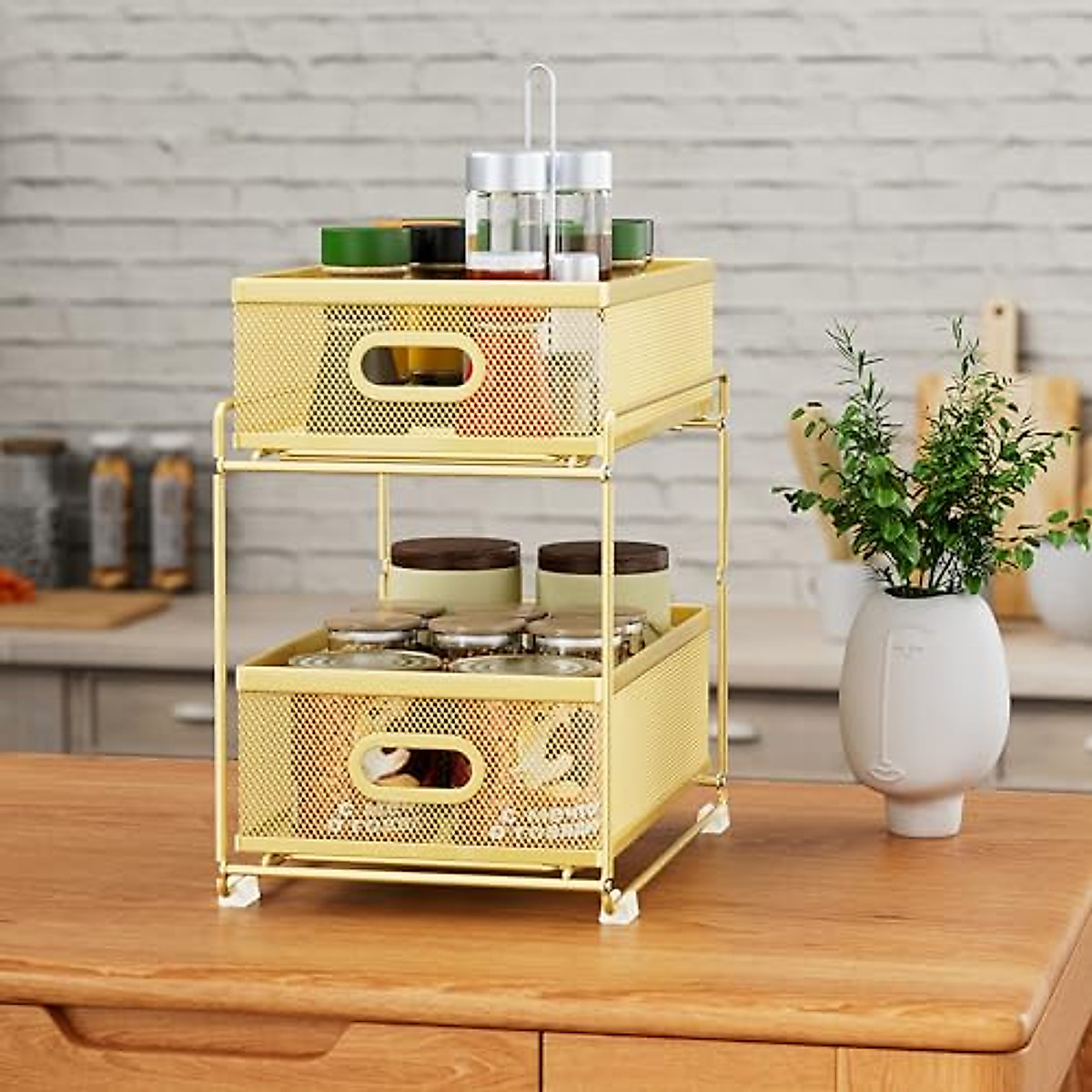 wkokos Under Sink Organizer Baskets with Mesh Pull Out Sliding Drawers for Cabinet, Kitchen, Bathroom, 2 Tier, Gold