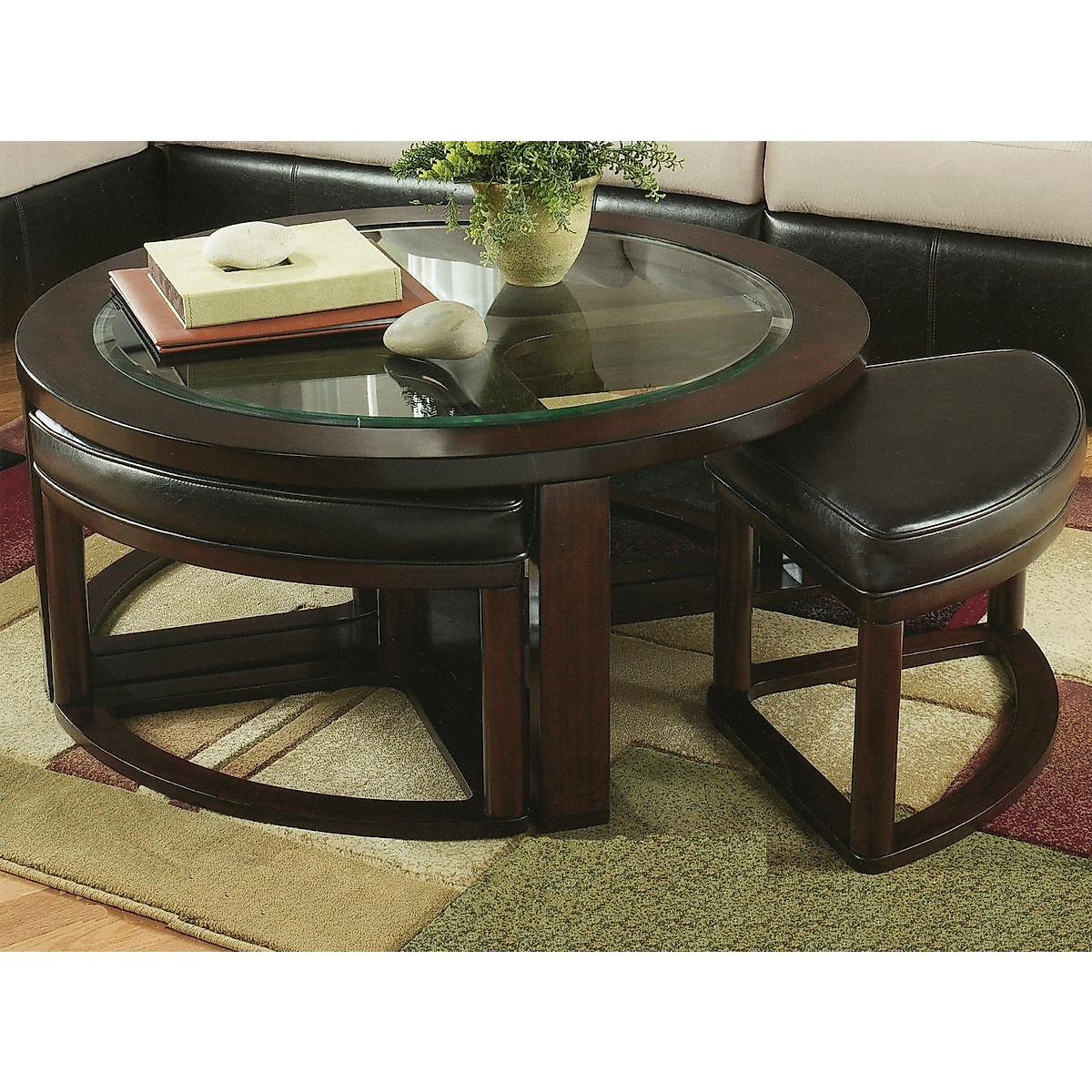 Roundhill Furniture Cylina Solid Wood Glass Top Round Coffee Table with 4 Stools, Espresso