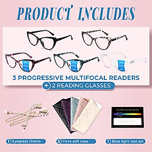 Gaoye 3 Pack Cat Eye Progressive Multifocal Readers+2 Pack Reading Glasses Women, Computer Magnifying Blue Light Blocking Readers Anti Glare (A1 5 PACK MIX, 1.5, multiplier_x)