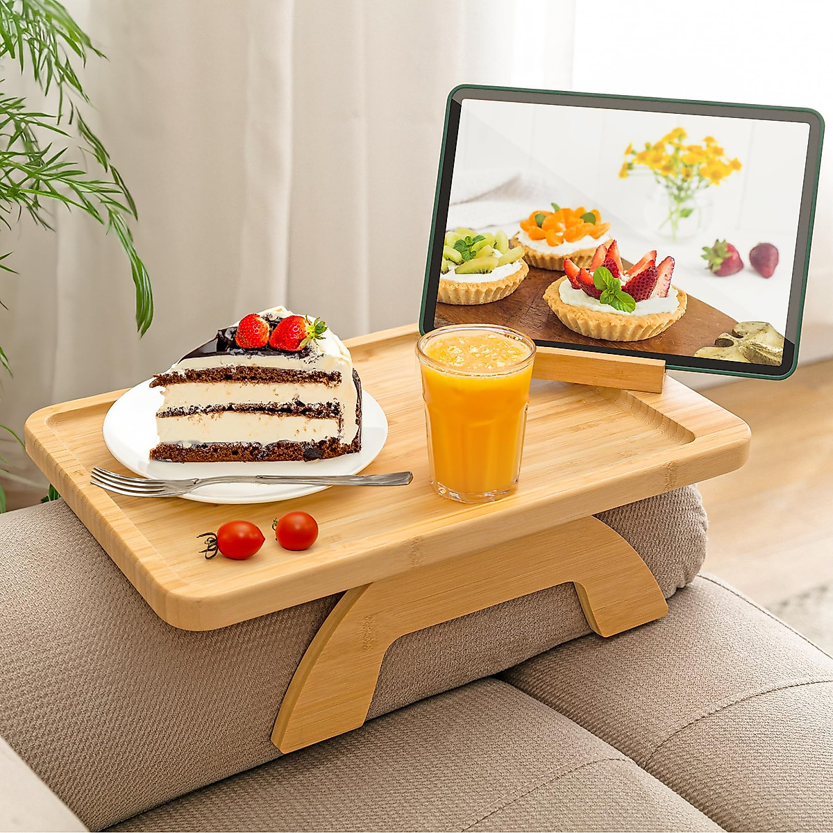 BAMBOOTRAY Couch Arm Table,Sofa Clip on Tray for Armrest Tray,Sofa Arm Table with Phone Holder,Couch Table for Living Room Bedroom,TV Tray Table for Eating & Drinking