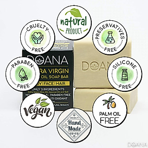 Doana Olive Oil Soap Bar, 250gr / 8oz. Unscented, Artisan Cold Processed With Coconut Oil, Facial & Body Cleansing (2 Bars). Only 3 Ingredients