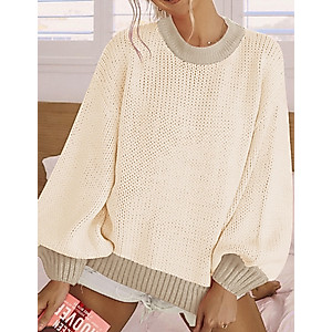 ZESICA Women's Casual Long Sleeve Crew Neck Pullover 2025 Spring Ribbed Knit Loose Contrast Color Sweater Tops,Apricot,Medium