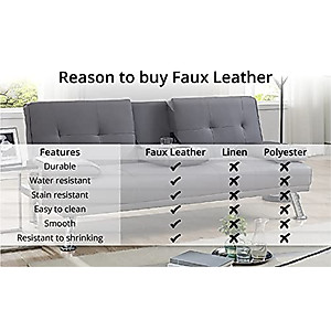 Futon Sofa Bed, Faux Leather Futon Couch with Armrest and 2 Cupholders, Pull Out Sofa Bed Couch Convertible with Metal Legs, Folding, Reclining Small Couch Bed, Futon Bed for Living Room - Espresso