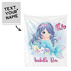 Custom Blanket Personalized Cute Mermaid and Fish Soft Fleece Throw Blanket with Name for Gifts Sofa Bed (50 X 60 inches)