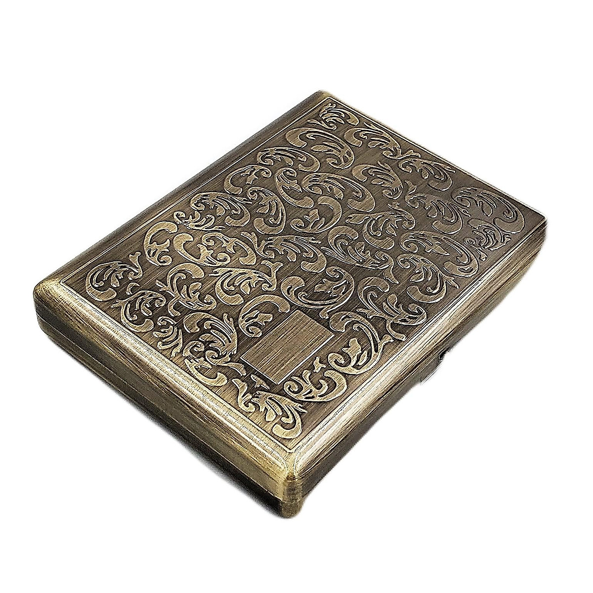 Retro Cigarette Case Victorian Style Metal Holder for Regular, King and 100's Size Credit Card Holder Pocket Security Wallet, Large Antique Brass Boteh Design (Flo-L100AB, Antique Brass)