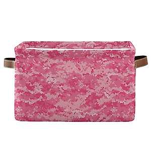 Kigai Digital Camo Pink Shelf Storage Baskets, Foldable Fabric Storage Bins with Leather Handles for Organizing Closet Clothes, Toys, Towels, Bedroom, Bathroom, Nursery, Office (1 Pack)