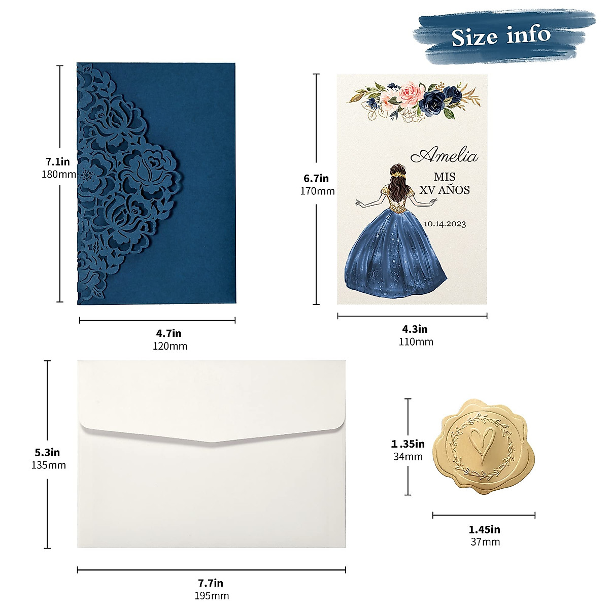 DORIS HOME 50pcs Laser Cut Quinceanera Invitations Blue, 4.7x7.1 Personalized Quince Invitations for 15th Birthday, Invitation cards for Sweet 16 with Envelopes