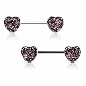 Forbidden Body Jewelry Pair of Surgical Steel 9/16 Inch (14mm) Synthetic Druzy Stone Glitter Effect Heart Nipple Barbells, Black