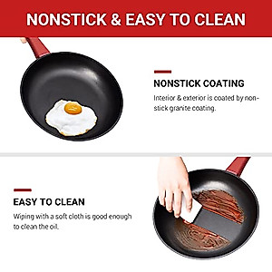 Sakuchi Nonstick Frying Pan with Lid 11 Inch, Skillet Non Stick for Induction Cooktop, Cooking Pan with Bakelite Handle, Green (11“-Red, 11In with lid)