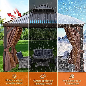 Zevemomo 12x12 ft Hardtop Gazebo, All Weather Outdoor Gazebo with 2 Tiered Steel Roof and Aluminum Frame, Permanent Gazebo with Mosquito Netting and Curtains for Deck, Patio, Backyard, Dark Brown