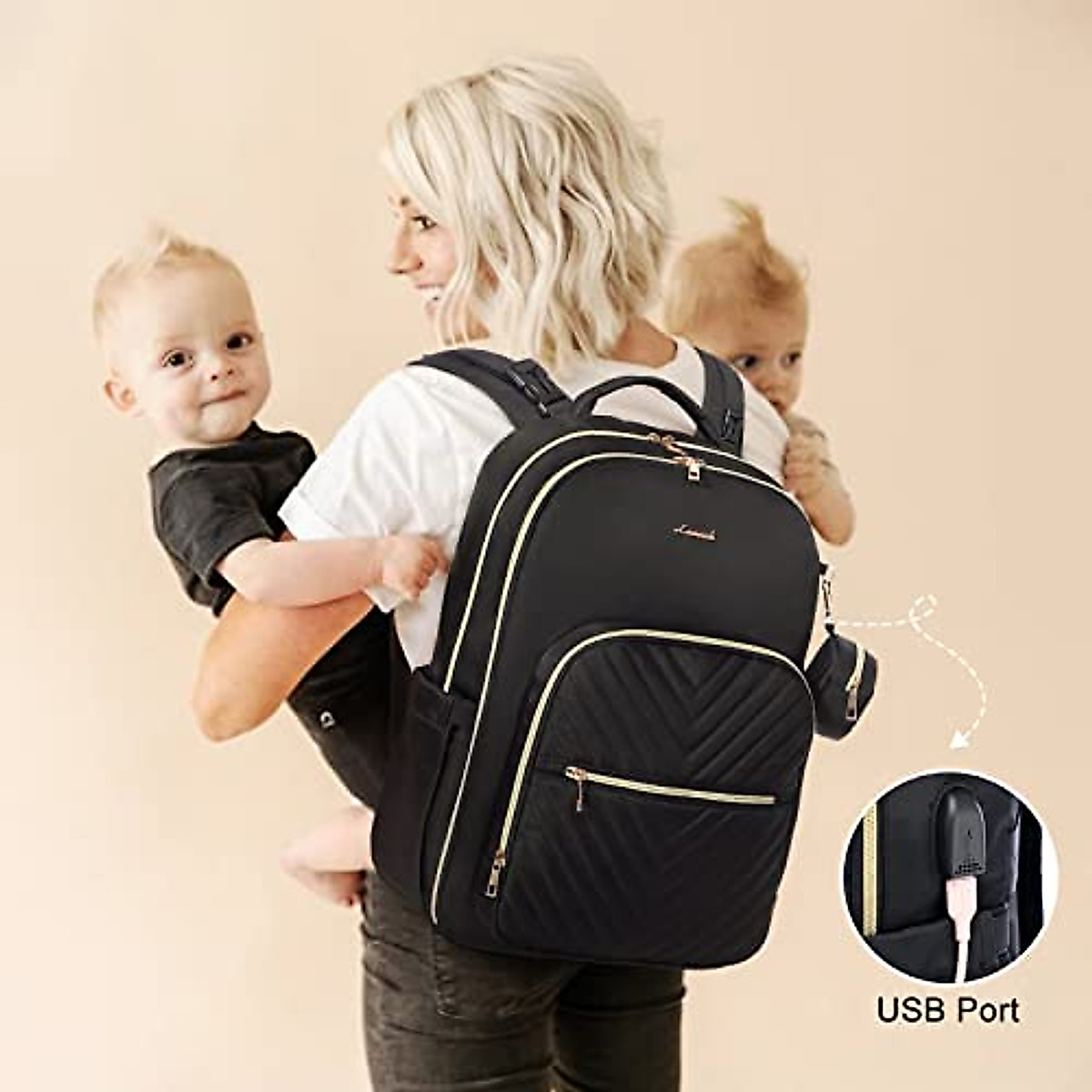 LOVEVOOK Diaper Bag Backpack, Quilted Baby Bag with Changing Pad & Pacifier Holder, Waterproof Travel Diaper Bags with USB Charging Port, Stylish and Large Capacity, Black