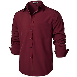 ZEROYAA Men's Regular Fit Dress Shirt Solid Wrinkle-Free Long Sleeve Casual Business Button Up Shirts with Pocket ZSSCL05-Maroon Small