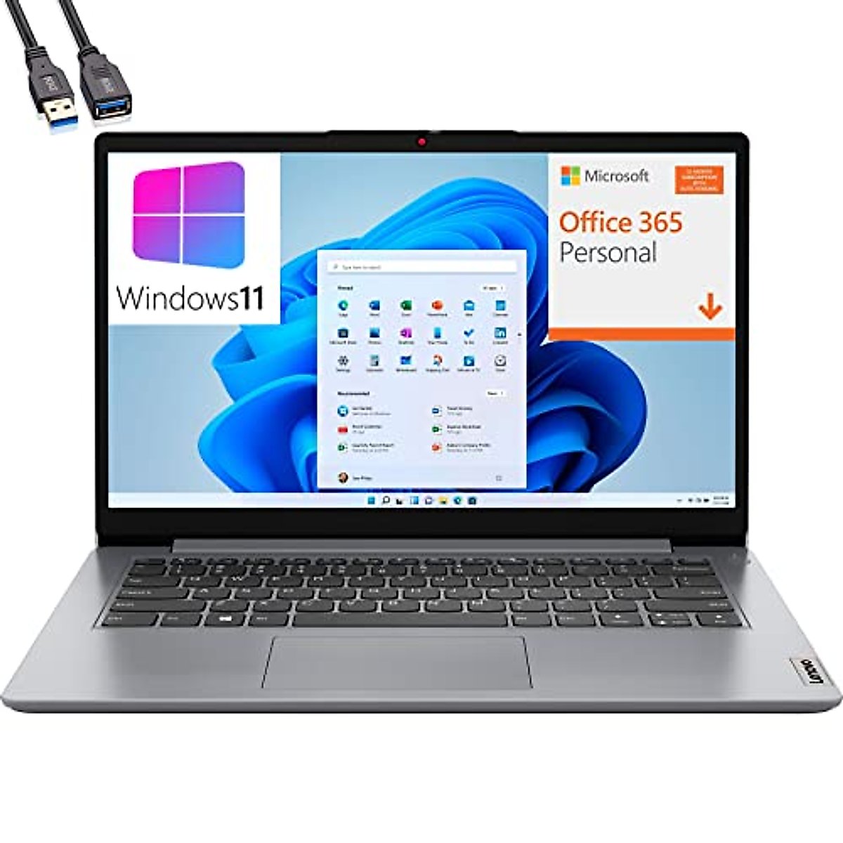 Lenovo IdeaPad 1i 14" Laptop Computer, Quad-Core Intel Pentium Silver N5030 Processor, 4GB DDR4 RAM, 128GB eMMC, WiFi 6, Bluetooth 5.1, Cloud Grey, Windows 11 S, BROAG USB Extension Cable