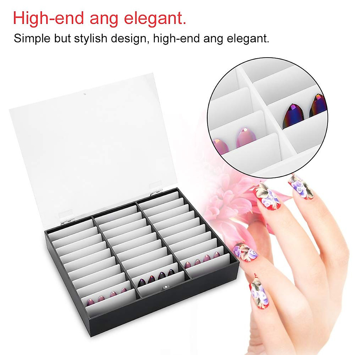 Nail Storage Box, Display Box Nail Art Decoration Container Empty Nail Tips Storage Box Fake Nail Display Case(Black)
