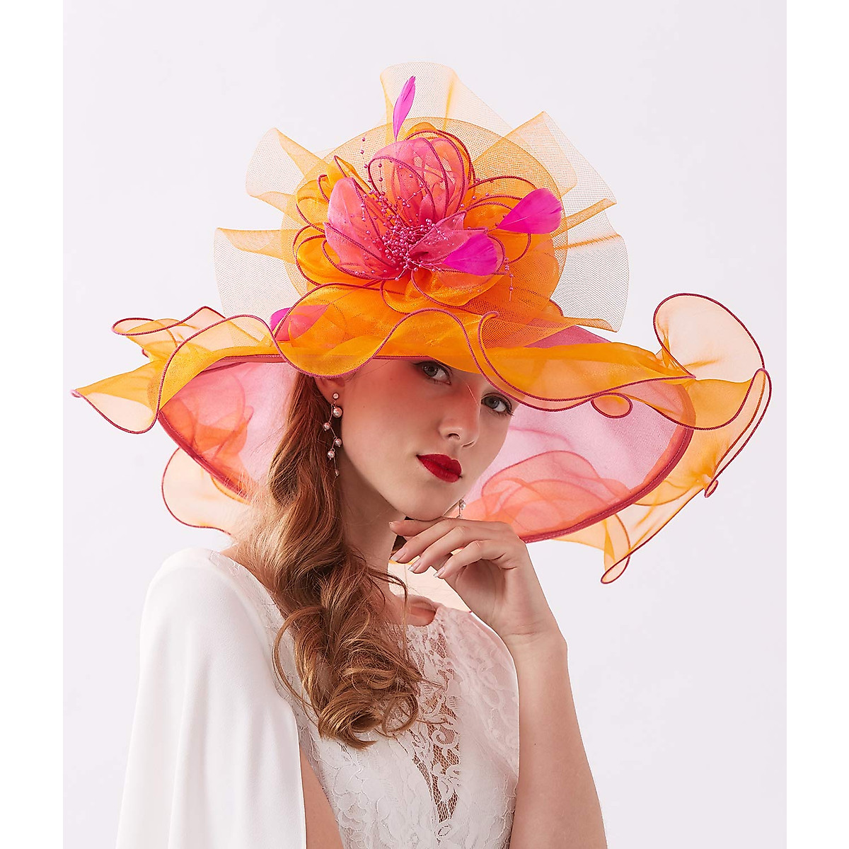 ELLYDOOR Women Organza Derby Hat Wide Brim Wedding Tea Party Hat Beads Floral Fascinator Church Hat 20-Orange