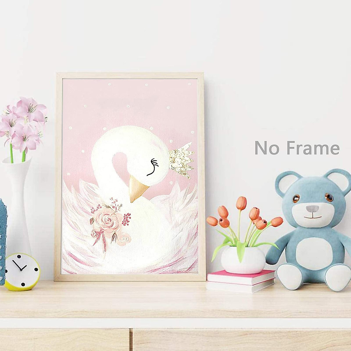 Bfgsrtcbox White Swan Decor Art Gold Crown Wall Art Pink Swan Princess Posters Canvas Painting Baby Girls Room Wall Prints