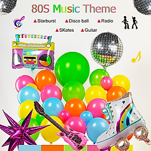 80S Music Themeballoon garland arch kit 150pcs hot pink blue green with guitar disco ball star mylar balloon for back to 80s 90s retro disco Birthday party graduation decorations