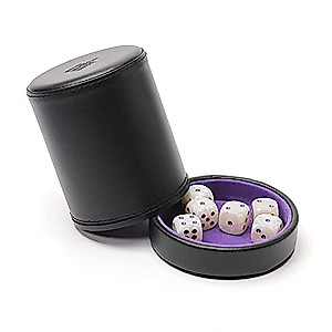 Luck Lab Leather Dice Cup with Lid Including 6 Matching White Pearl and Purple Dice - Purple Velvet Interior for Quiet Shaking - Use for Liars Dice Farkle Yahtzee Board Games, Black