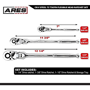 ARES 42028-3-Piece 72-Tooth Flex Head Ratchet Set - Premium Chrome Vanadium Steel Construction & Chrome Plated Finish - 72-Tooth Quick Release Reversible Design with 5 Degree Swing